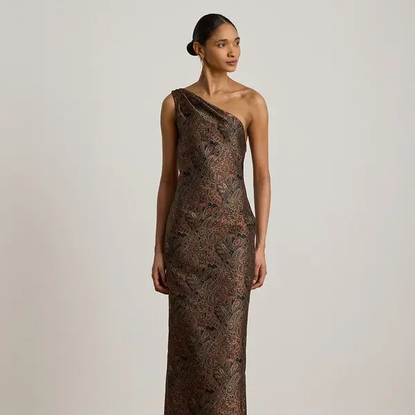 Ralph Lauren Paisley Jacquard One-shoulder Gown