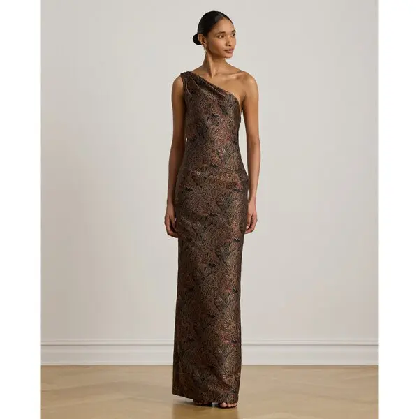 Ralph Lauren Paisley Jacquard One-shoulder Gown