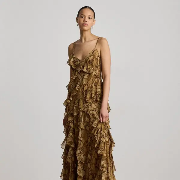 Ralph Lauren Python-print Ruffle-trim Georgette Gown