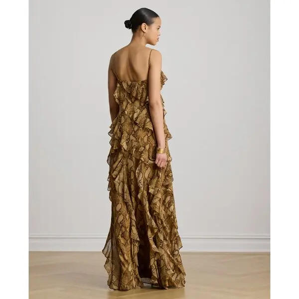 Ralph Lauren Python-print Ruffle-trim Georgette Gown