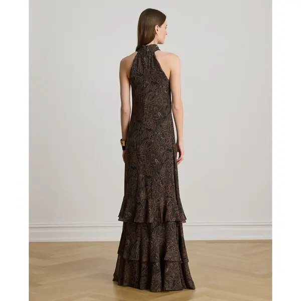 Ralph Lauren Paisley Georgette Tiered Mockneck Gown