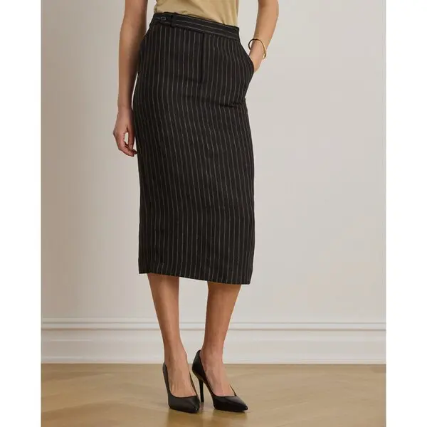 Ralph Lauren Chalk-stripe Linen Pencil Midi Skirt - Black/tan