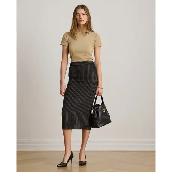 Ralph Lauren Chalk-stripe Linen Pencil Midi Skirt - Black/tan