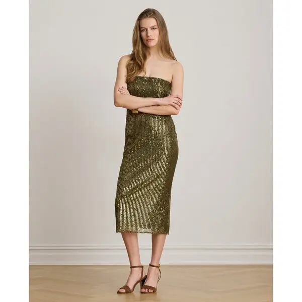 Ralph Lauren Sequined Tulle Strapless Cocktail Dress