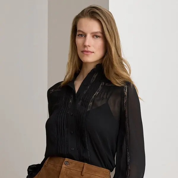 Ralph Lauren Lace-trim Crinkle Georgette Blouse - Black