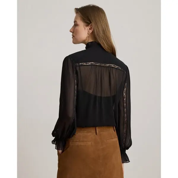 Ralph Lauren Lace-trim Crinkle Georgette Blouse - Black