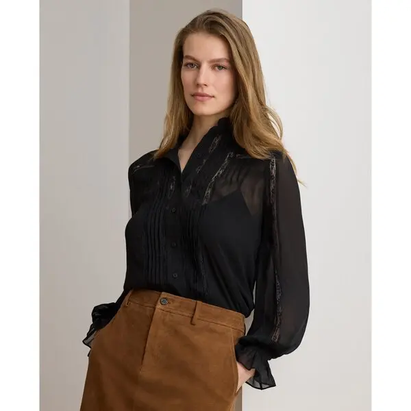 Ralph Lauren Lace-trim Crinkle Georgette Blouse - Black