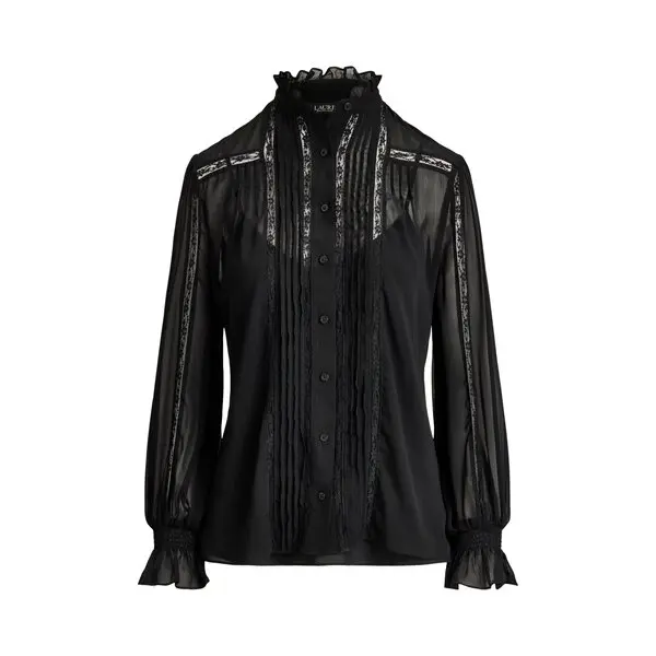 Ralph Lauren Lace-trim Crinkle Georgette Blouse - Black