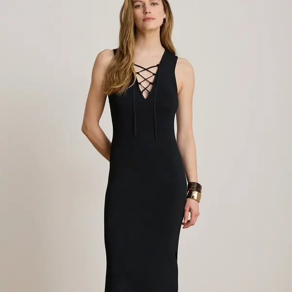 Ralph Lauren Lace-up Rib-knit Sleeveless Gown - Black