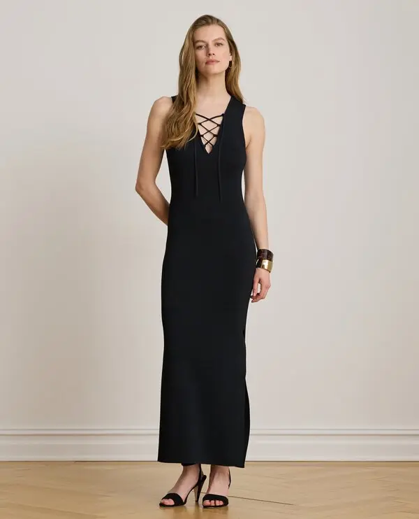 Ralph Lauren Lace-up Rib-knit Sleeveless Gown