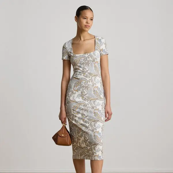 Ralph Lauren Paisley Cotton Jersey Square-neck Dress - Cream Multi