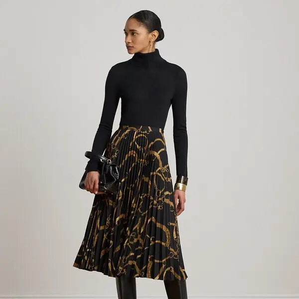 Ralph Lauren Belting-print Pleated Crepe Skirt - Black/tan