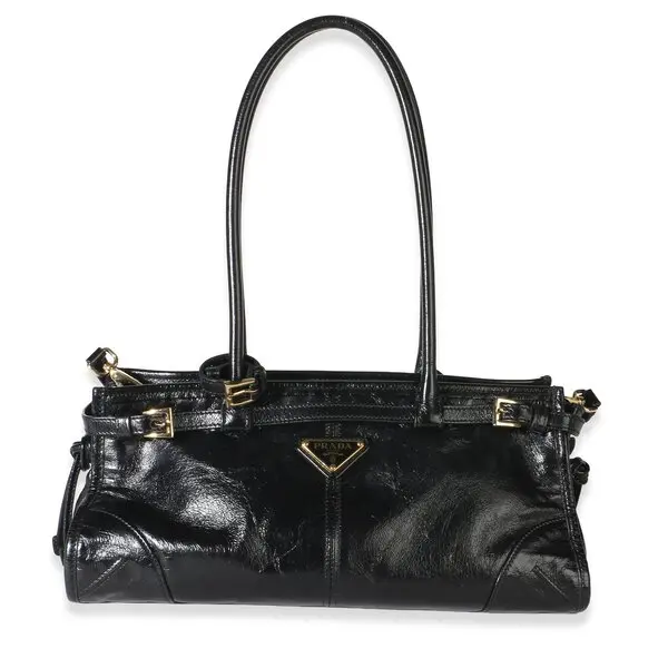 Prada Glossy Calfskin Triangle Bonnie Shoulder Bag - Black