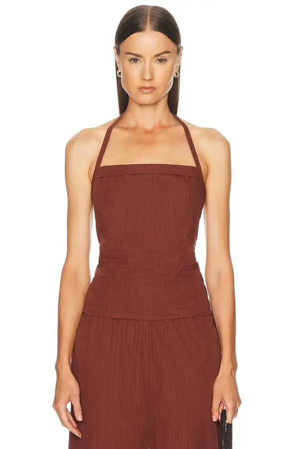 DEIJI STUDIOS Halterneck Tie Closure Top - Rust Stripe