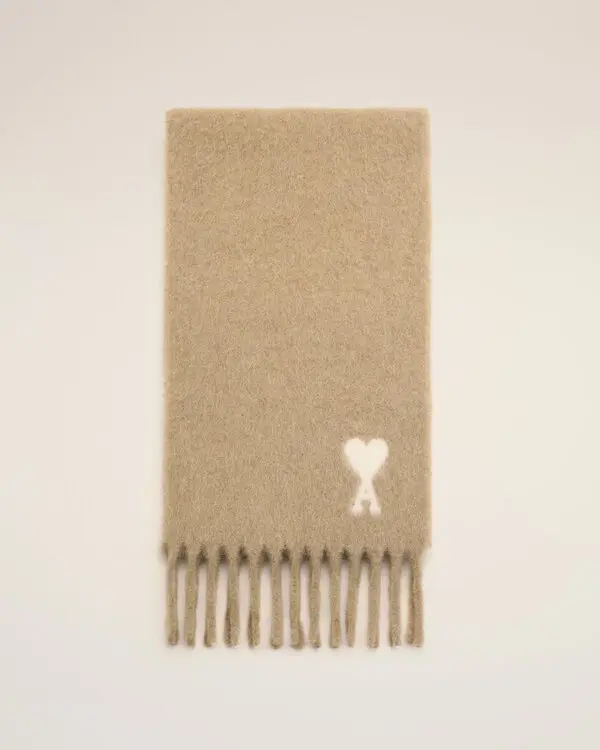 AMI Paris Beige Alpaca Scarf With De Coeur Beige - Mastic Beige