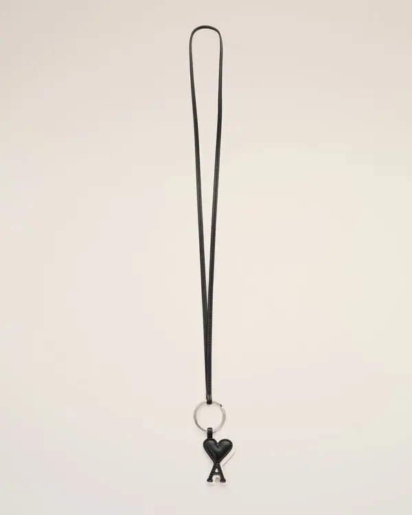 AMI Paris Black Cowhide Leather Keyring With De Coeur Black - Black/ivory
