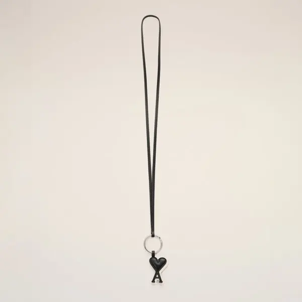 AMI Paris Black Cowhide Leather Keyring With De Coeur Black - Black/ivory