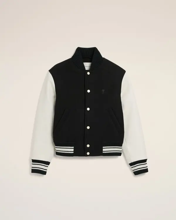 AMI Paris Wool And Leather Padded Teddy Jacket With Embroidery - Black