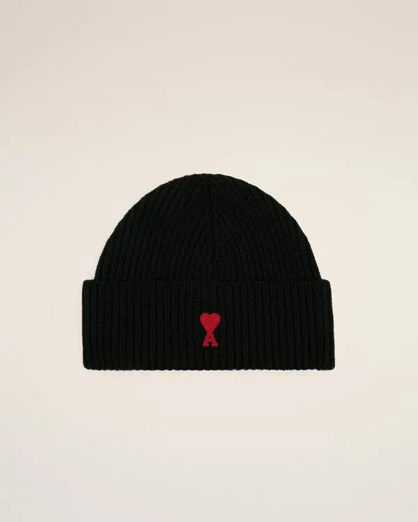 AMI Paris Black Wool Beanie - Black/red