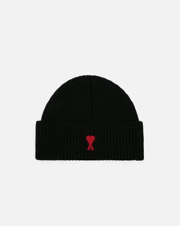 AMI Paris Black Wool Beanie - Black/red
