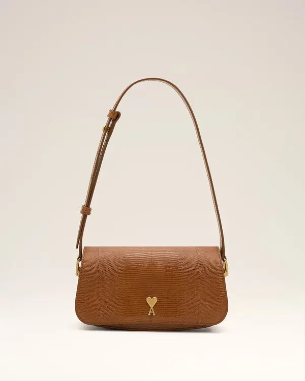 AMI Paris Brown Lizard Embossed Cowhide Leather Paris Paris Shoulder Bag Brown