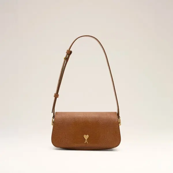 AMI Paris Brown Lizard Embossed Cowhide Leather Paris Paris Shoulder Bag Brown