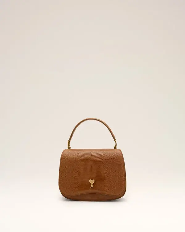 AMI Paris Brown Lizard Embossed Cowhide Leather Paris Paris Top Handle Bag Brown - Cognac