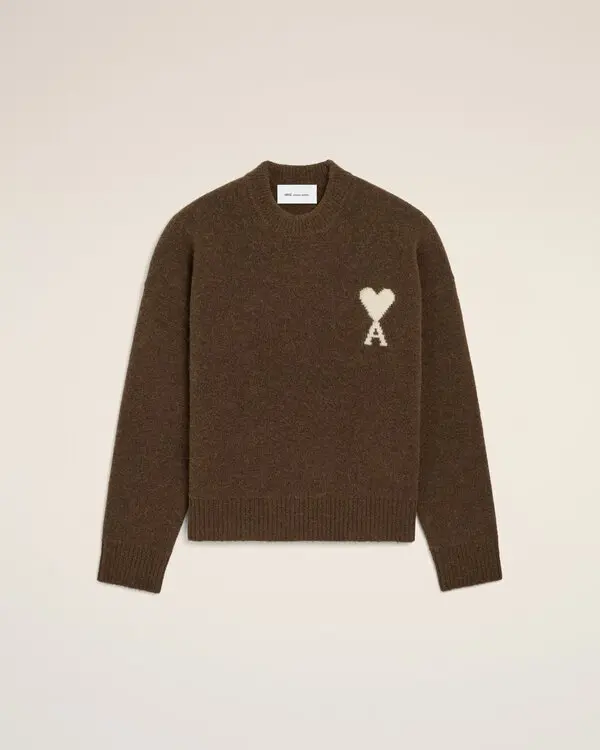 AMI Paris Brown Crewneck Alpaca Sweater With De Coeur Brown - Chocolate Brown/ecru