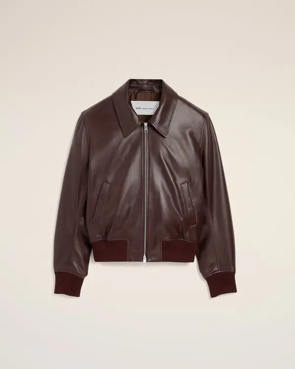 AMI Paris Burgundy Lamb Leather Zipped Jacket Red - Dark Cherry