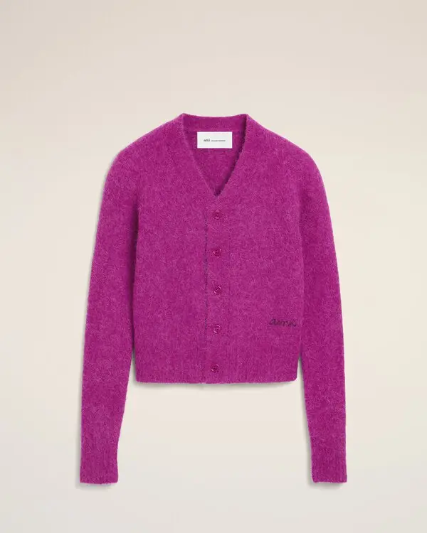 AMI Paris Purple Wool And Alpaca Cardigan With Embroidery Purple