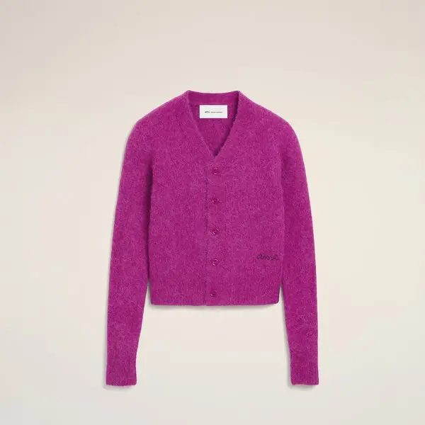 AMI Paris Purple Wool And Alpaca Cardigan With Embroidery Purple