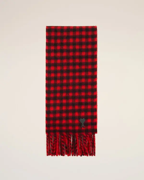 AMI Paris Red Checkered Wool Scarf With De Coeur Red