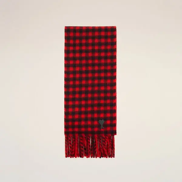 AMI Paris Red Checkered Wool Scarf With De Coeur Red