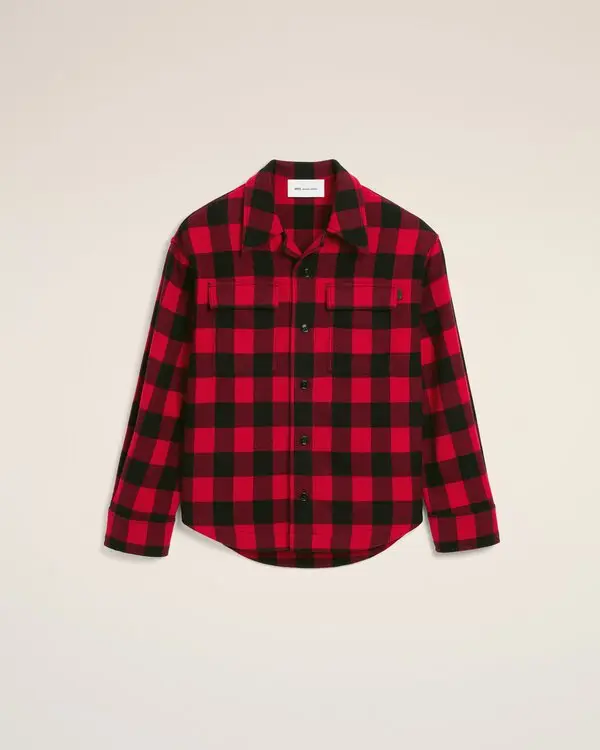 AMI Paris Red Wide Checkered Wool Overshirt Red