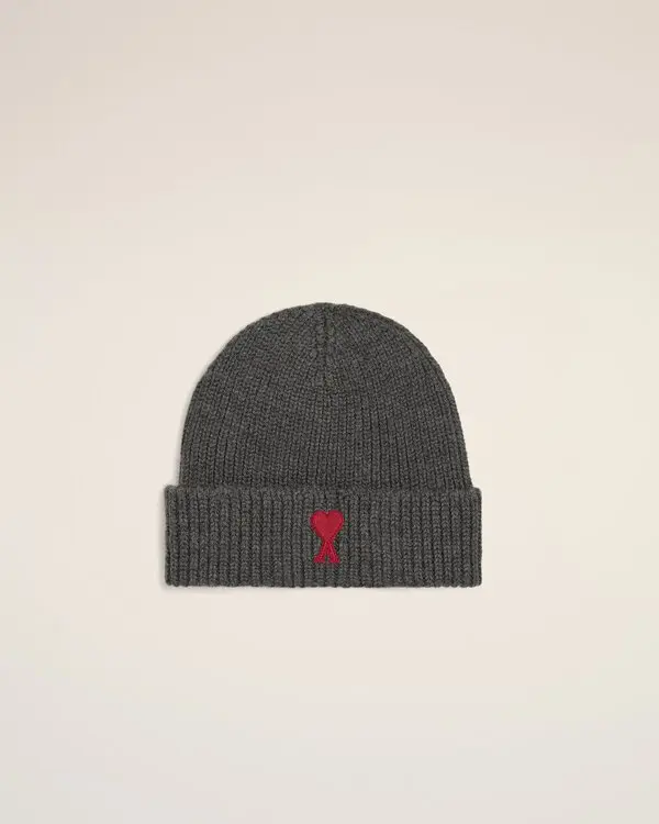 AMI Paris Grey Wool Beanie With De Coeur Grey - Heather Grey/red