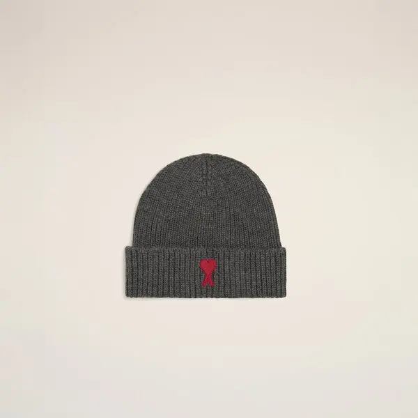 AMI Paris Grey Wool Beanie With De Coeur Grey