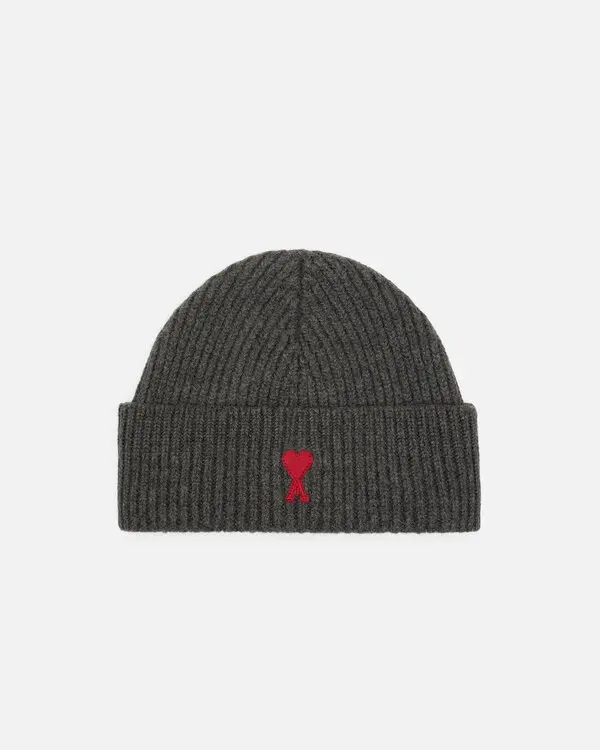 AMI Paris Wool Beanie With De Coeur Logo - Heather Grey/red