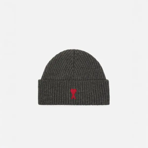 AMI Paris Wool Beanie With De Coeur Logo - Heather Grey/red