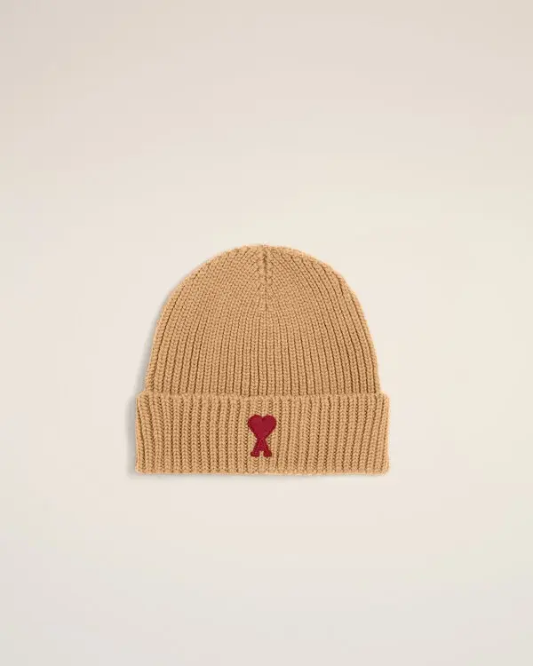 AMI Paris Brown Wool Beanie With De Coeur Brown - Camel/red