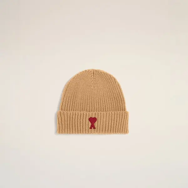 AMI Paris Brown Wool Beanie With De Coeur Brown