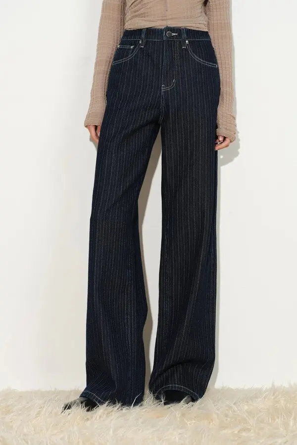 Fabrique Liora Herringbone Stripe Wide Leg Jeans In Cotton Denim