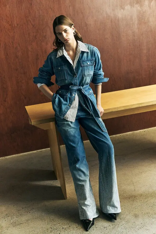 Fabrique Iris Belted Safari Shirt Jacket In Cotton Denim - Blue