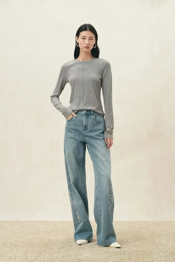 Fabrique Ella Structured Seam Detail Long Sleeve Top - Grey
