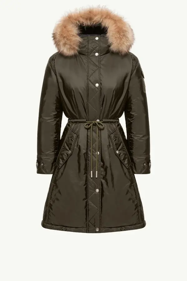 Moncler Moustique Hooded Shearling Trimmed Long Down Parka - Green