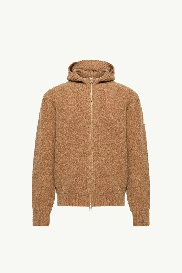 Moncler Bouclé Wool Blend Zip-up Hoodie - Beige