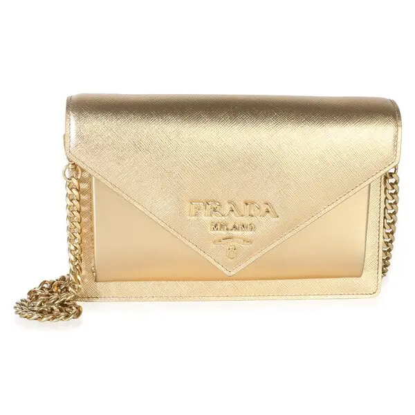 Prada Saffiano Mini Envelope Logo Chain Bag - Gold