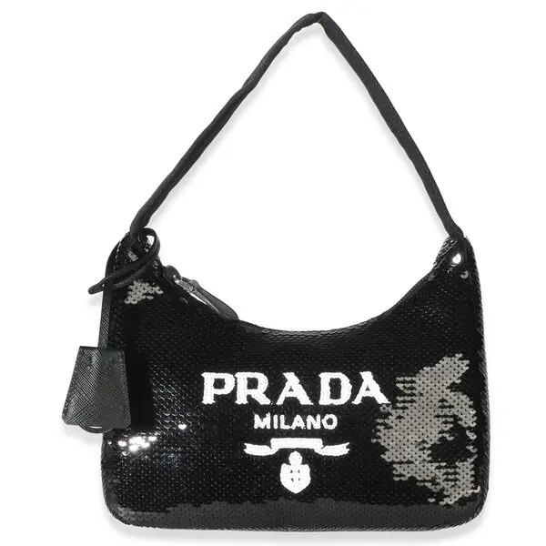Prada White Paillettes Sequin Re-edition 2000 Bag - Black