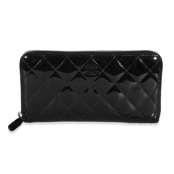 Chanel Quilted Patent Large Gusset Zip Around Wallet - Black