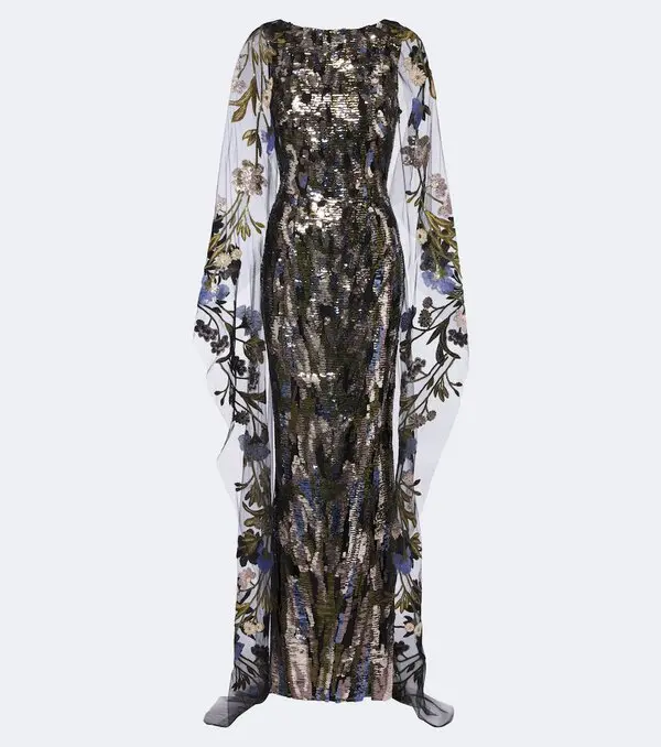 Elie Saab Floral Sequined Caped Gown - Multicoloured