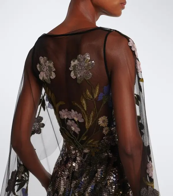 Elie Saab Floral Sequined Caped Gown